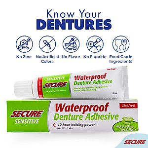 Secure Sensitive Gums Waterproof Denture Adhesive Zinc Free with Aloe Vera & Myrrh - Extra Strong 12 Hour Hold - 1.4 oz