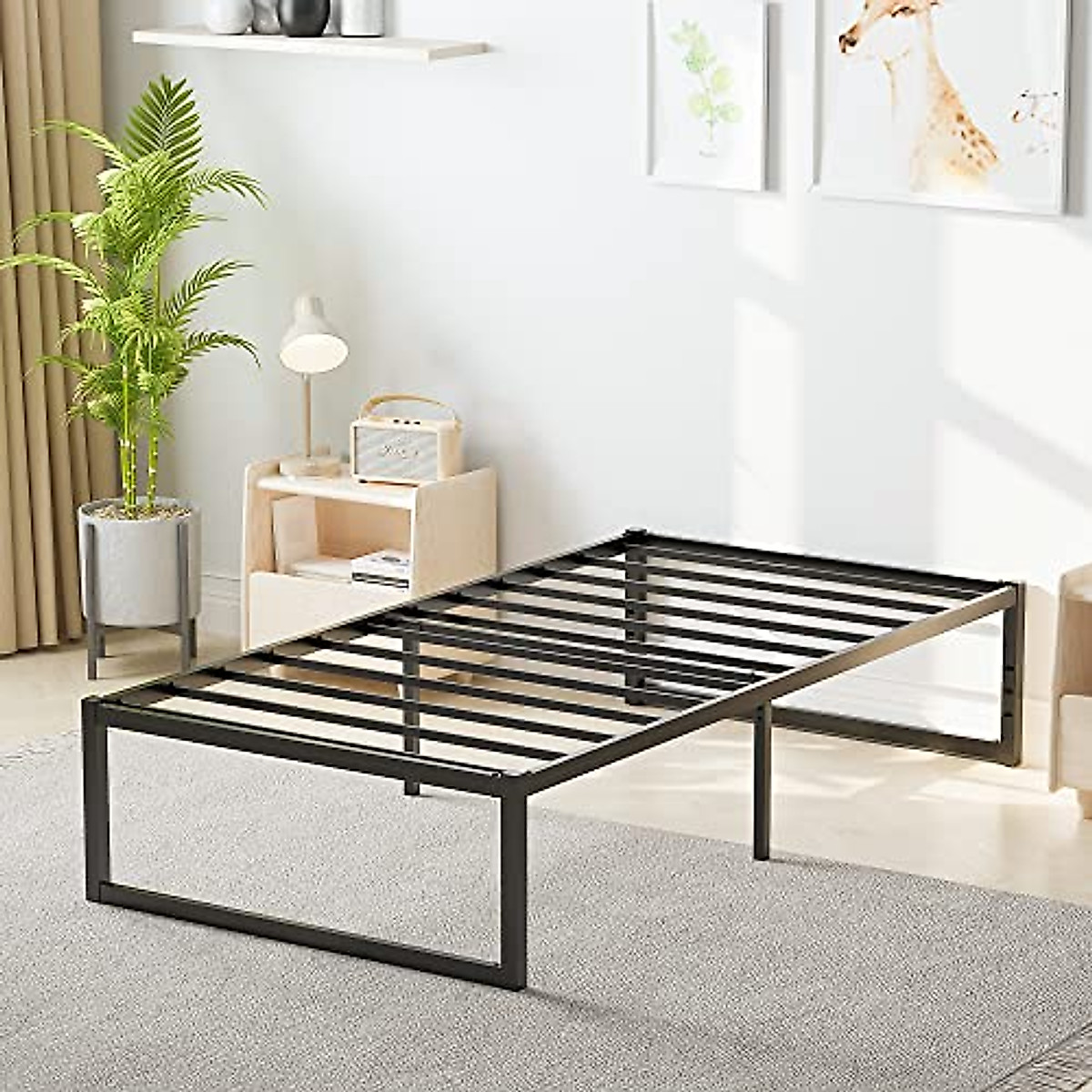 Elephance Twin Bed Frame with Storage Space 16 Inch Black Kids Student Bedframe No Box Spring Needed Metal Platform with Heavy Duty Steel Slat Support, Easy Assembly