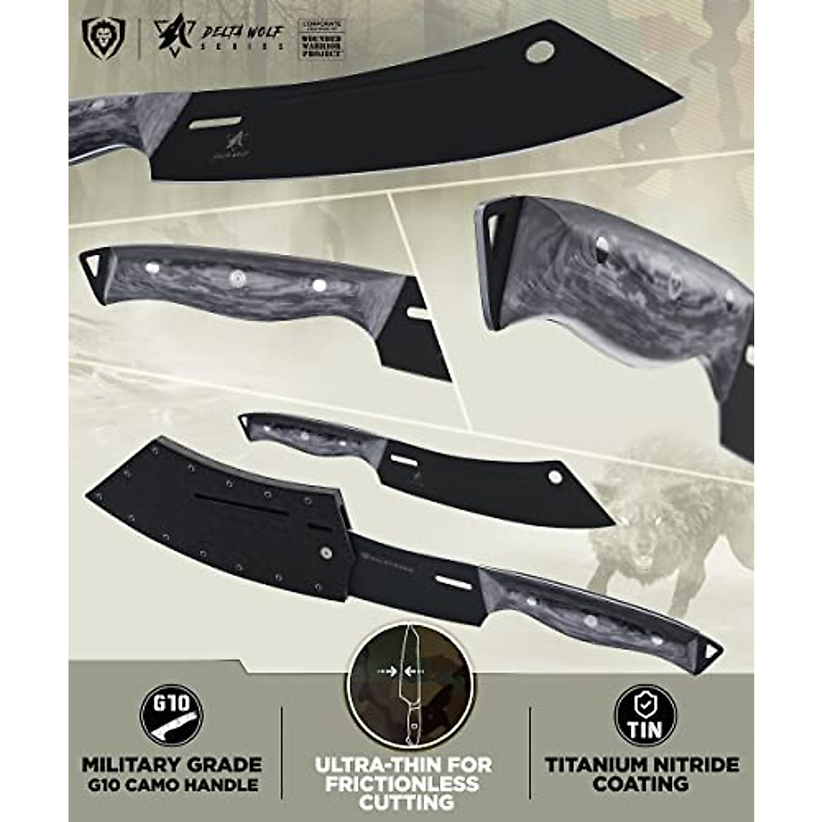 Dalstrong Hybrid Cleaver & Chef Knife - 8 inch - 'The Crixus' - Delta Wolf Series - Ultra-Thin & Zero Friction Blade HC 9CR18MOV Steel - Black Titanium Nitride Coating - G10 Camo Handle - Sheath