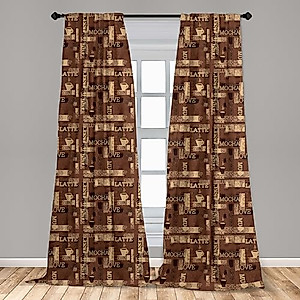 Ambesonne Coffee Window Curtains, Cafeteria Pattern with Hot Mocha Latte Milk Love Typography on Scribble Backdrop, Lightweight Decor 2-Panel Set with Rod Pocket, Pair of - 28" x 63", Beige Brown