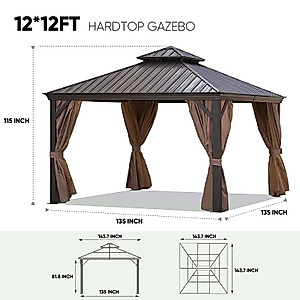 12’ X 12’ Hardtop Gazebo Double Roof Galvanized Steel Combined of Vertical Stripes Canopy Outdoor Aluminum Frame Patio Permanent Metal Pavilion with Nettings and Curtains for Deck Backyard Lawn Garden