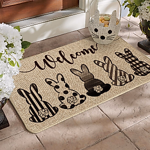 Artoid Mode Cute Bunny Sketch Buffalo Plaid Stripes Dot Welcome Easter Doormat, Seasonal Spring Summer Holiday Low-Profile Yard Floor Switch Mat for Indoor Outdoor 17 x 29 Inch