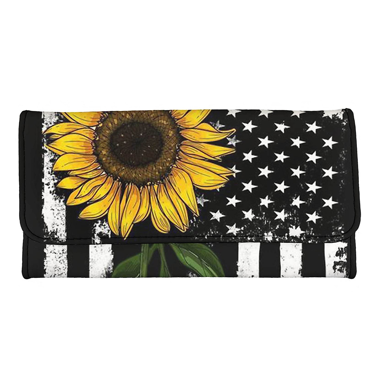 Binienty Womens Trifold Wallets Leather Slim Purse, Vintage USA Flag with Sunflower Print, Card Holder Clutch Handbag