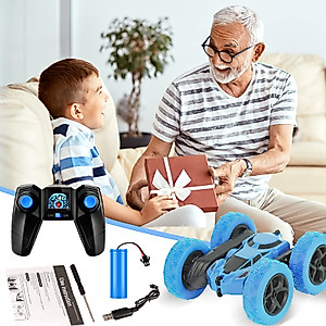 Remote Control Car Stunt RC Cars, 90 Min Playtime, 2.4Ghz Double Sided 360° Rotating RC Crawler with Headlights, 4WD Off Road Drift RC Race Car Toy for Boys and Girls Aged 6-12 Blue