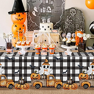 Haooryx 3 Packs Halloween Party Little Boo Tablecloth Decoration Set, Cute Ghost Bat Pumpkin Disposable Plastic Tablecloth, Cartoon Plaid Table Cover for Halloween Table Decor Party Supplies