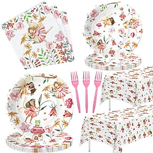 Xigejob Fairy Party Decorations Tableware, Fairy Birthday Party Supplies, Plate, Napkin, Tablecloth, Fork, Flower Fairies Enchanted Forest Garden Birthday Baby Shower Decorations Dinnerware | Serve 24