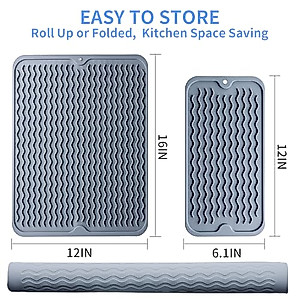 Silicone Dish Drying Mat - 2 Packs of Non-Slip Silicone Mat Easy Clean Drying Mat Large Heat-Resistant Dish Drainer Mat for Kitchen Counter, Sink, Refrigerator or Drawer Liner(16"x12", 12''x 6'' GREY)