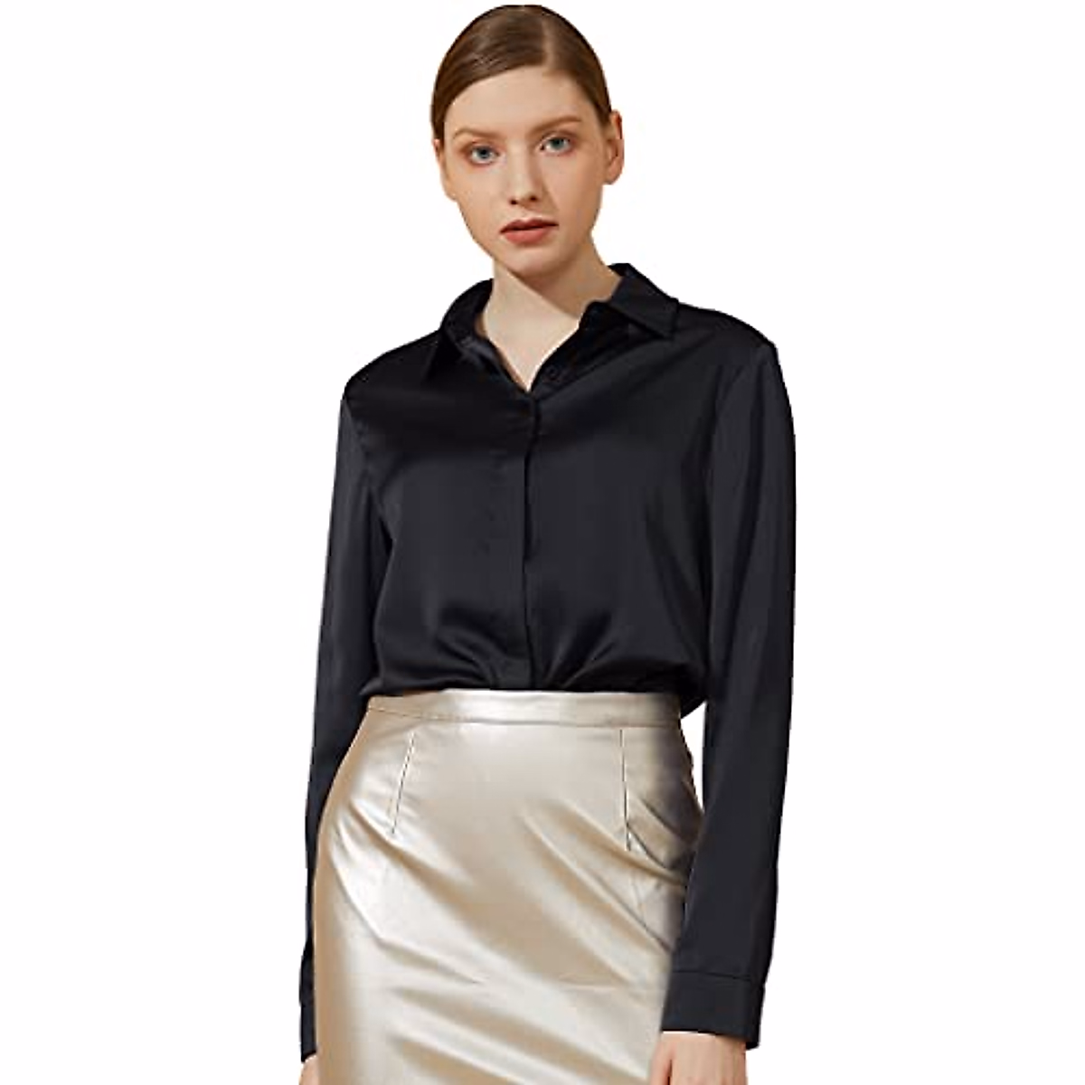 Escalier Women's Satin Silk Long Sleeve Button Down Shirt Casual Work Office Silky Blouse Top (Black, Small)