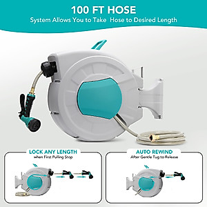 IDEALHOUSE Retractable Garden Hose Reel, 1/2 in x 100 ft Wall-mounted Hose Reel, with 9- Function Sprayer Nozzle, Any Length Lock/180° Swivel Bracket/Automatic Rewind/Slow Return System/Easy Watering