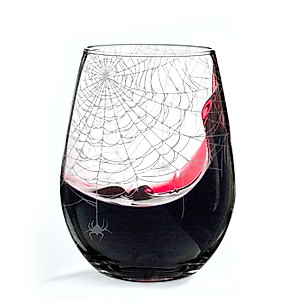 SPIDERWEBS Engraved 17oz Stemless Wine Glass | Great Halloween Scary Spooky Creature Gift Idea!
