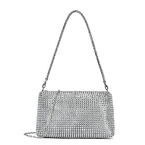 YIKOEE Crystal Rhinestone Clutch Purses for Women Evening Bag with Chain (Silver)