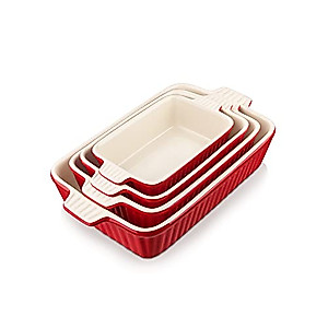 MALACASA Casserole Dishes for Oven, Porcelain Baking Dishes, Ceramic Bakeware Sets of 4, Rectangular Lasagna Pans Deep with Handles for Baking Cake Kitchen, Red (9.4"/11.1"/12.2"/14.7"), Series BAKE.BAKE