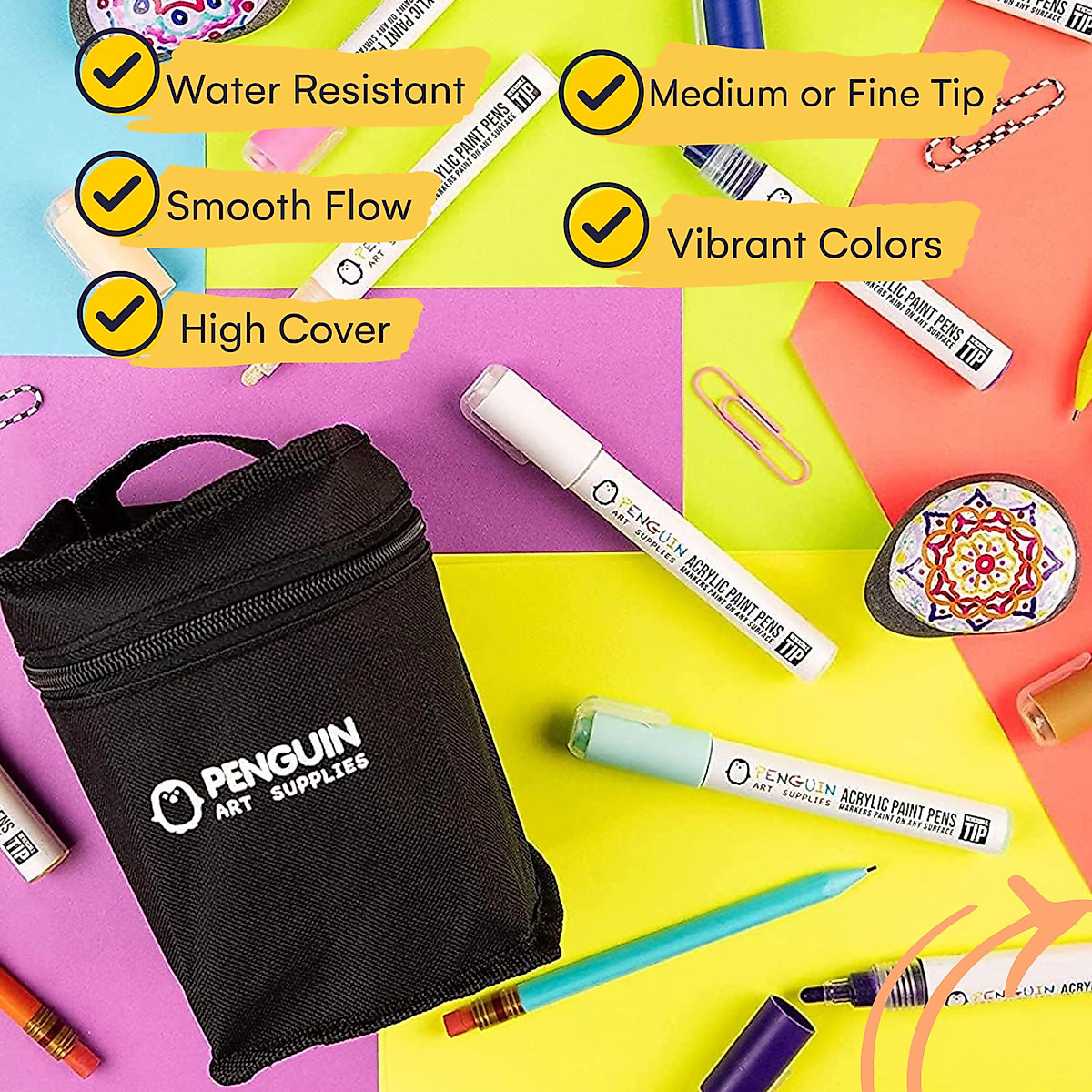 PENGUIN ART SUPPLIES 28 Dual Tip Acrylic Paint Pens: Craft Paint Markers for Painting Wood, Glass, and Halloween Decoration - Non Toxic Reversible Pen with 5mm + 3mm Fine Tip and Zipper Pouch