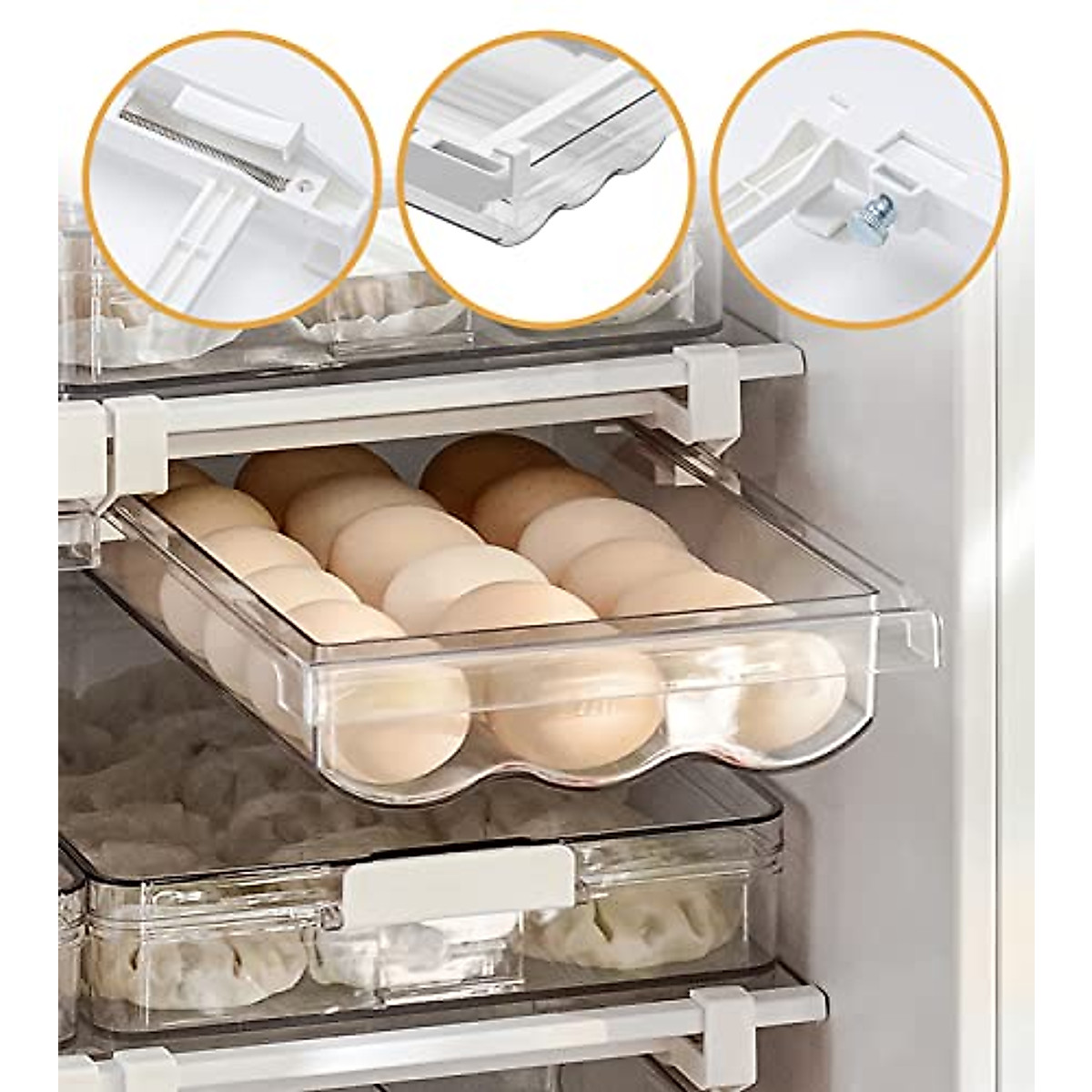 MDHAND Egg Holder for Refrigerator, Refrigerator Organizer Bins, Egg Tray for Refrigerator, Pull-Out Egg Drawer Organizer for Refrigerator, Kitchen Refrigerator Egg Trays