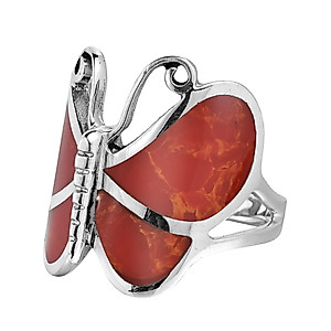 Awesome Reconstructed Red Coral Butterfly .925 Sterling Silver Ring (8)