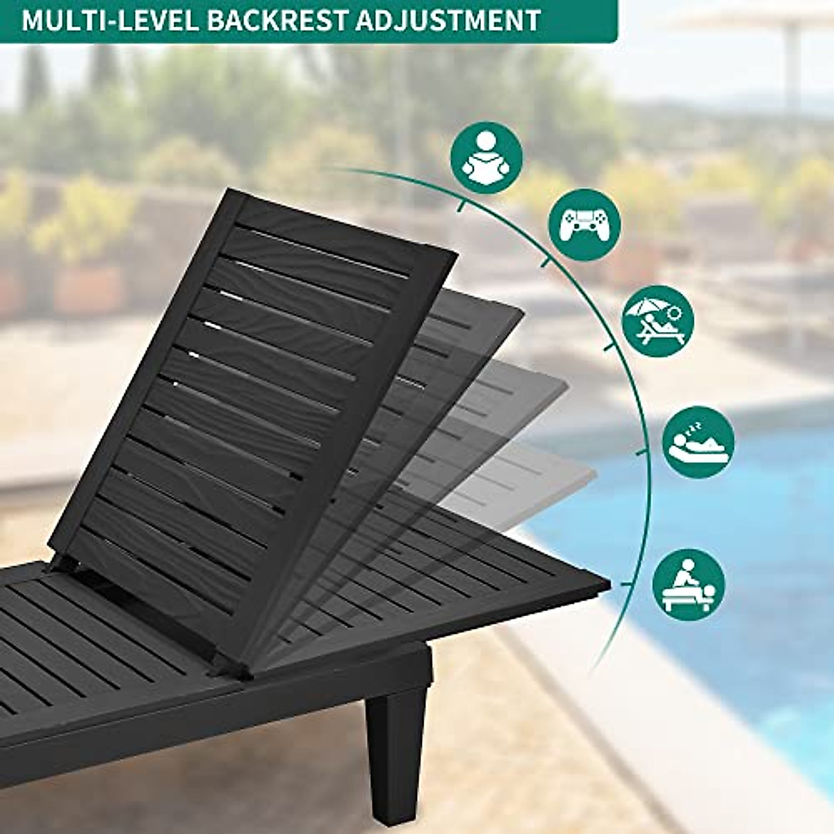 YITAHOME Chaise Outdoor Lounge Chairs with Adjustable Backrest, Multi-Functional Patio Loungers Easy Assembly & Lightweight, Waterproof Poolside Chaise Lounge with 265lbs Capacity - Black