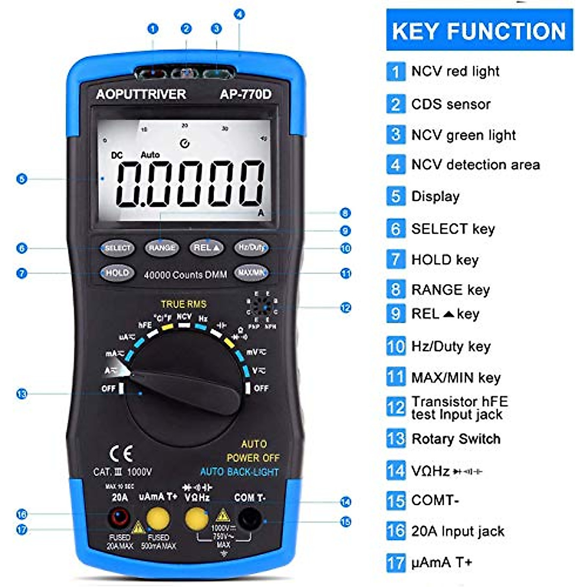 Digital Multimeter AP-770D TRMS 40000Counts Multimeter Tester Autoranging Voltmeter Ammeter with High Precision for NCV AC/DC Voltage Current Resistance Capacitance Frequency Diodes hFE Temperature