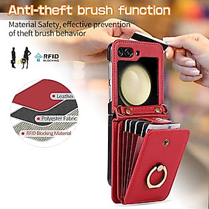 Phone Flip Case Premium Leather 2 in 1 Wallet Case Compatible with Samsung Galaxy Z Flip 5 5G,Magnetic Closure Purse W Rotation Ring Stand/Card Slots Holde/Lanyard Crossbody ShocOproof Protective Phon