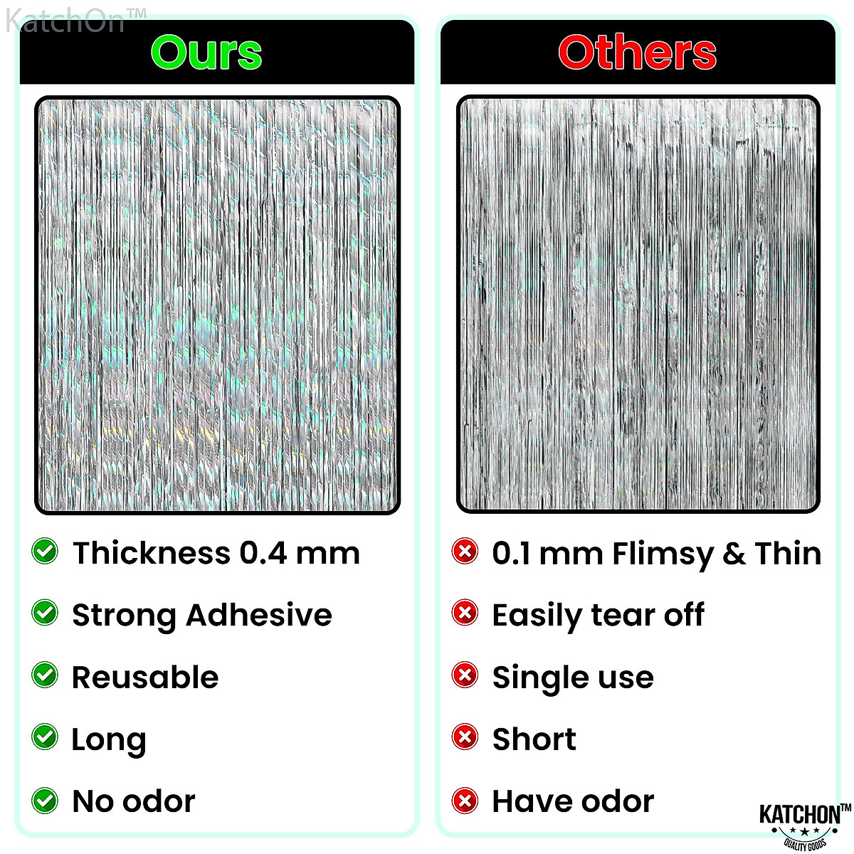 KatchOn, Holographic Silver Streamer Backdrop - XtraLarge 3.2x8 Feet, Pack of 2 | Silver Fringe Backdrop for Silver Streamers Party Decorations | Silver Tinsel Backdrop for Disco Party Decorations