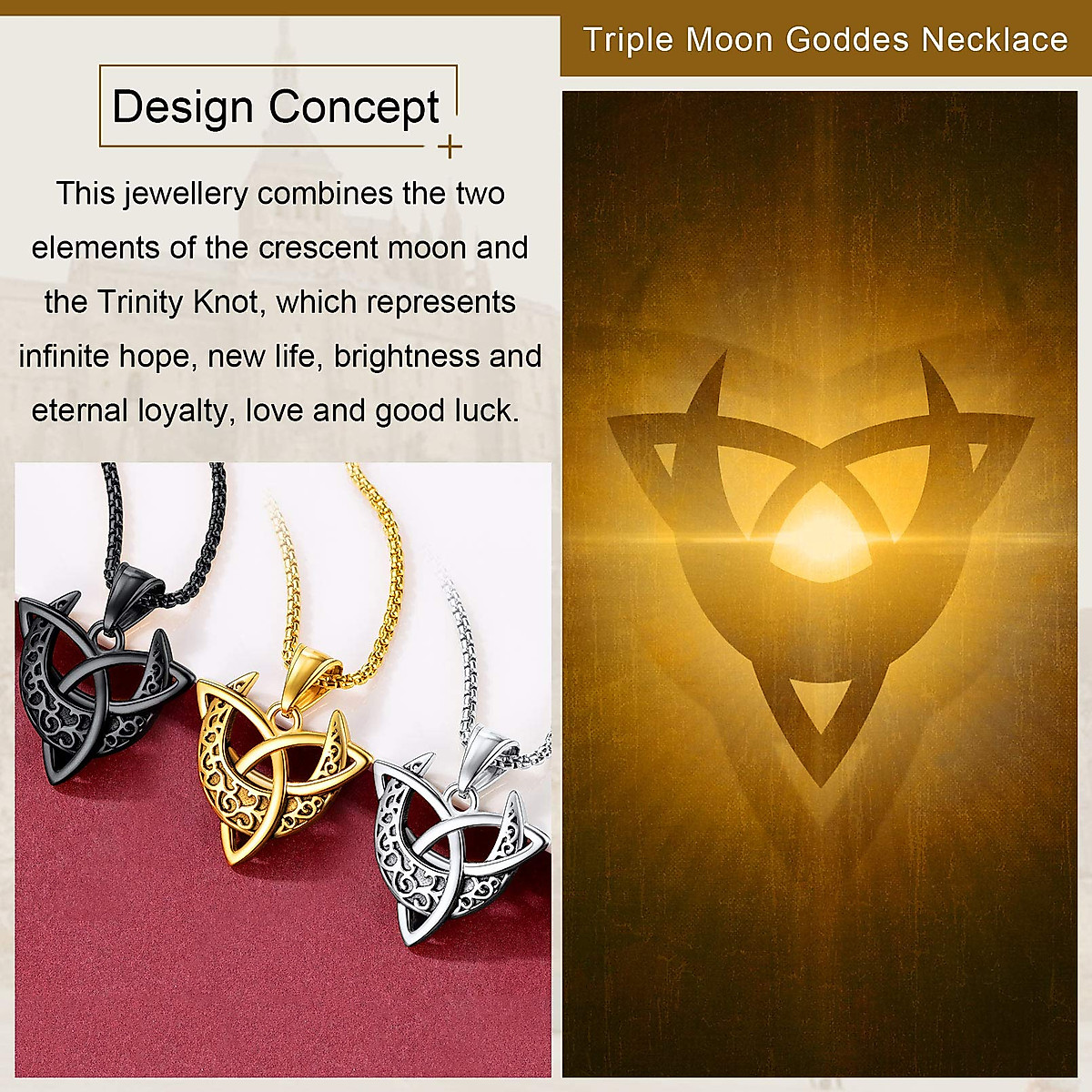 FaithHeart Celtic Triquetra Moon Necklaces, Feminism Goddess Trinity Knot Pendant Necklace Triple Moon Pendant Charms Black Stainless Steel Witch Jewelry Durability Neck Chain