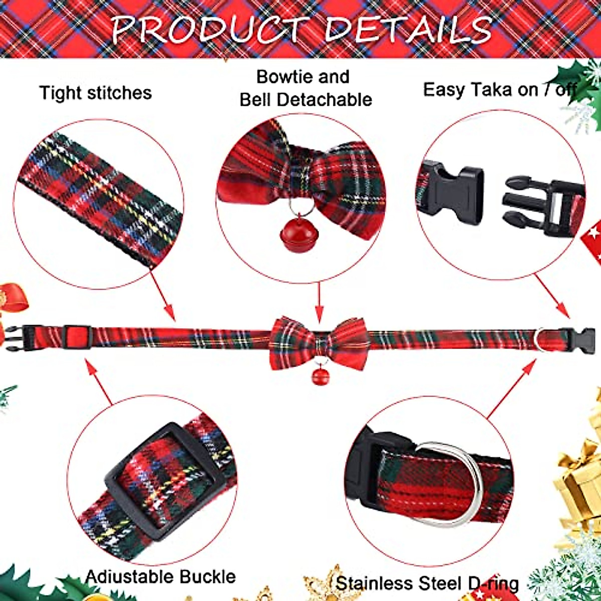 4 Pieces Christmas Dog Bandanas and Collars Set Xmas Christmas Classic Plaid Dog Neck Tie Triangle Bib Scarf Kerchief Adjustable PET Bow Tie with Safety Bell PET Costume for Cat Dog (L, Classic Style)