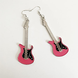 JIUIQL Fashion Cute Metal Black White Music Bass Electric Guitar Dangle Drop Earrings for Women Music Lovers teacher singer Hypoallergenic Personalized Jewelry Gifts (Pink)