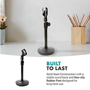 Movo TMC-3 Small Adjustable Table Mic Stand with Round Base and Universal Mic Clip. Table Top Mic Stand Height is Adjustable with Weighted Base Sits on Desk Ideal for Podcast, Livestream, & Interviews