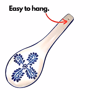 White Ceramic Spoon Rest - Hand Painted In Mexico - Handmade Talavera Kitchen Utensil Holder for Counter Stove Top - Dishwasher Safe - Mexican Style - Porta Cucharas Colonial White