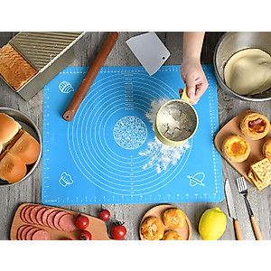 Silicone Pastry Mat for Rolling Dough Non Slip Extra Large, Nonstick Pastry Baking Mat with Measurements, Silicone Dough Rolling Mat with Dough Scraper (26" x 18", Blue)
