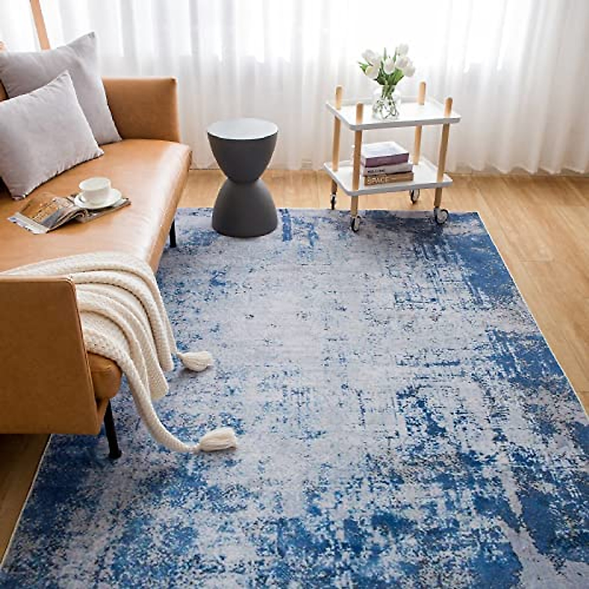 Modern Abstract Area Rug 5'3" X 7'6" Washable, Non Slip Rugs for Living Room Bedroom Dining Room Kids and Pets Friendly Nursery Kitchen Farmhouse, Indoor and Outdoor Carpets Dark Blue/Grey