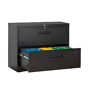 Modern Metal Lateral File Cabinet with Lock, Locking Wide File Cabinet with Large Drawer, Large Deep Storage Cabinet Locked by Keys for Home Office Letter/Legal/F4/A4 Size (Black2)