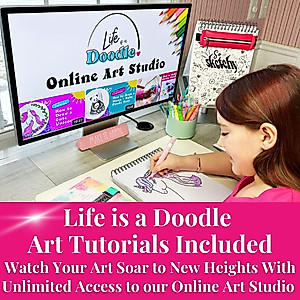 Life is a Doodle Sketch Book for Kids -Kids Art Set w/Sketchbook, Art Supplies Pouch, Cute Cuff & Unlimited Access to Kids Online Art Classes - Large Sketch Pad for Kids Art Journal Doodle Pad