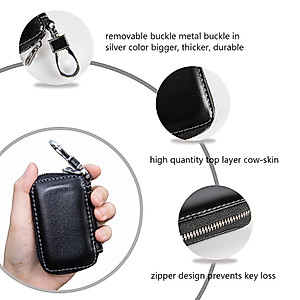 Amiss Universal Car Key Case, Key Fob Protector, Key Fob Cover Case, Genuine Leather Car Smart Key Chain Keychain Holder Metal Hook and Keyring Zipper Bag for Remote Key Fob - Black