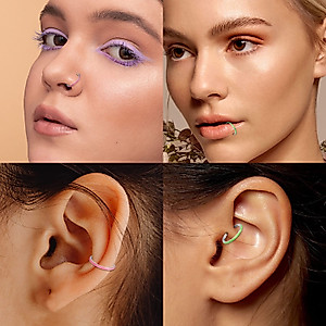 FUNLMO 16G Septum Rings Nose Rings Hoops Silver Cartilage Earring Conch Hoop Earring 316L Surgical Steel Conch Helix Tragus Daith Rook Orbital Piercing Jewelry 10mm Glow In The Dark Fluorescent Pink