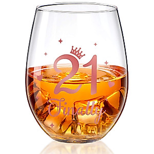 Stemless Wine Glass Rose Gold Birthday Wine Glass Present Anniversary Glasses for Man Women Birthday Party Wedding Anniversary Decorations, 17 oz (21 and Fabulous)