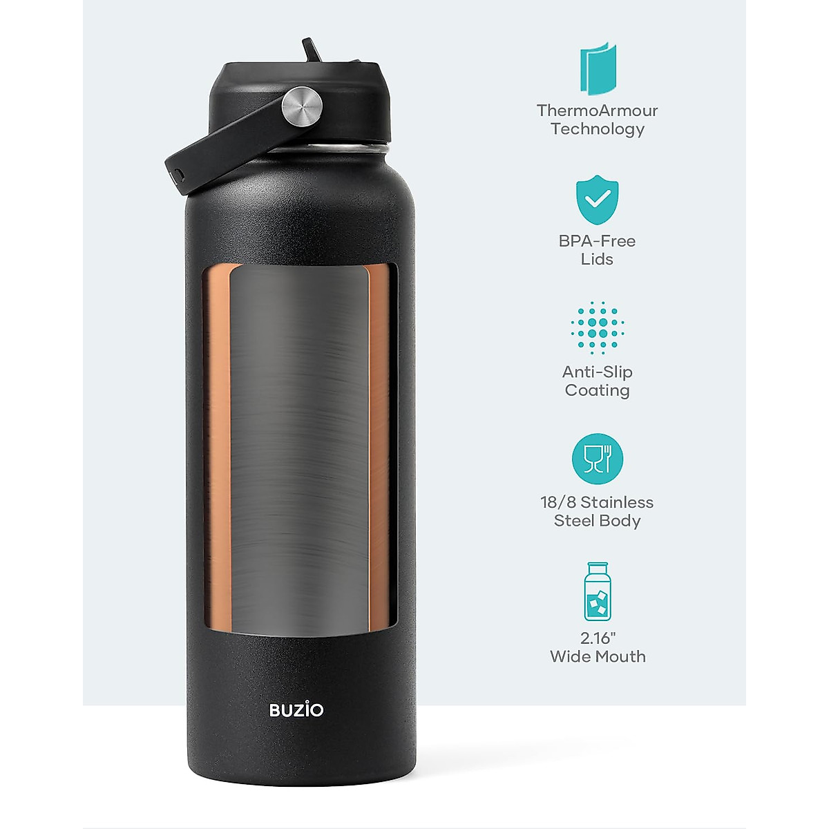 BUZIO Double Wall Stainless Steel Sports Wide Mouth Water Bottle, BPA-Free Flex Cap and Straw Lid, 40 Ounces & 32 Ounces Water Bottle