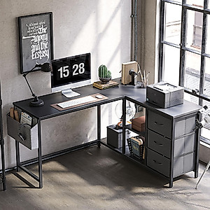 Treesland L Shaped Desk with Drawers, Computer Desk with Storage & Shelves, Corner Desk with Storage, Home Office Desks with Drawers, L Shape Desks with Storage, Black