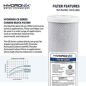 Hydronix CB-45-2005 Whole House, Commercial & Industrial NSF Coconut Carbon Block Water Filter, 4.5" x 20" - 5 Micron