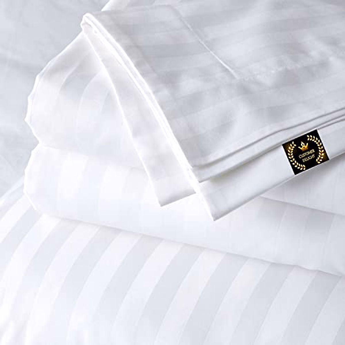 CUSTOMER DELIGHT Luxury 100% Egyptian Cotton Sheets 1000 Thread Count 4 Piece Extra Deep Pocket Bed Sheet Set Sateen Stripe (King, White)