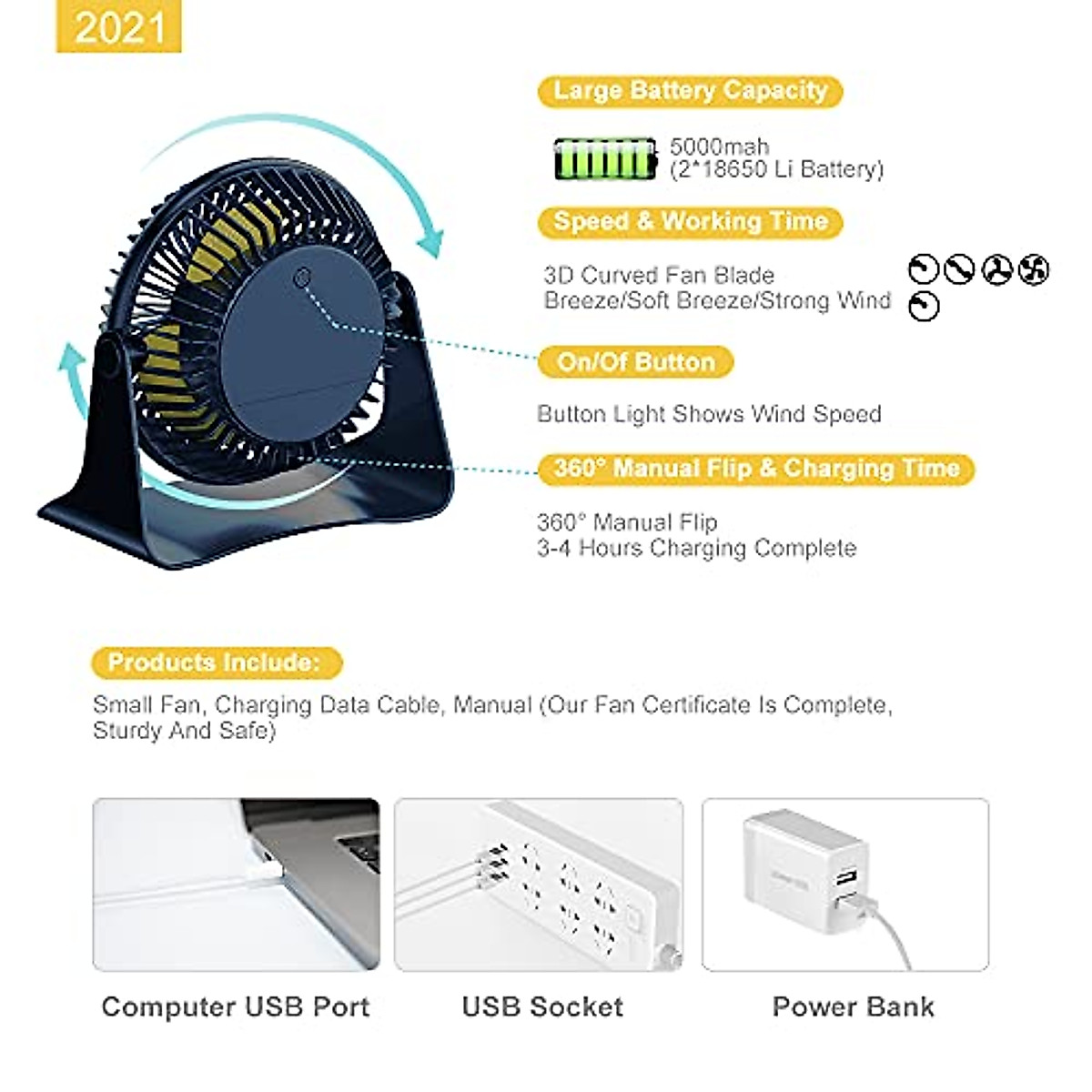 Small Fan, 5 inch Personal USB Desk Fan Rechargeable Battery Operated Air Circulator Portable Mini Table Fan with 3 Quiet Strong Wind Speeds for Bedroom Home Office Dorm Travel (5000mAh Personal Fan)