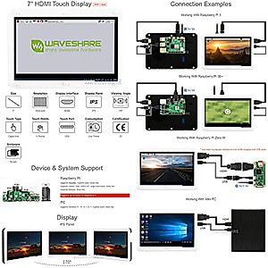 Waveshare 7inch HDMI LCD (C) Capacitive Touch Screen Display Supports Various Systems for All Ver. Raspberry pi 3 Model B/3 B+/2 B/B+/B/A Banana Pi with Bicolor Case