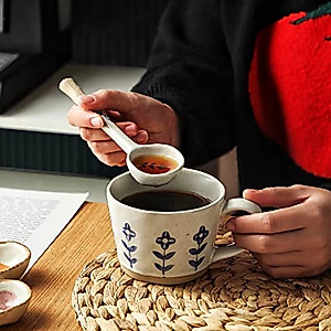 YUURAIN VUVU Japanese Large Spoon, Handmade Long Handle Asian Spoons, Retro Ceramic Spoons, Ramen Spoons, Pho Spoons, Large Soup Spoons with Cute Hand-Painted Pattern, Hand-Kneaded (2 Pieces) - D