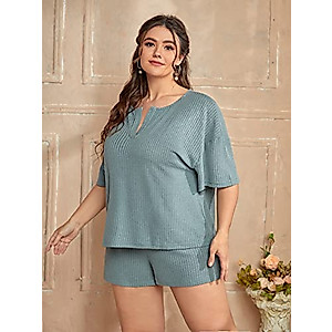 SOLY HUX Women's Plus Size Waffle Knit Short Sleeve Top and Shorts Pajama Set Sleepwear Cadet Blue 1XL