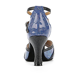 TDA Women's Ankle Strap Peep Toe Classic Blue Leather Salsa Tango Ballroom Latin Modern Dance Wedding Shoes 6.5 M US