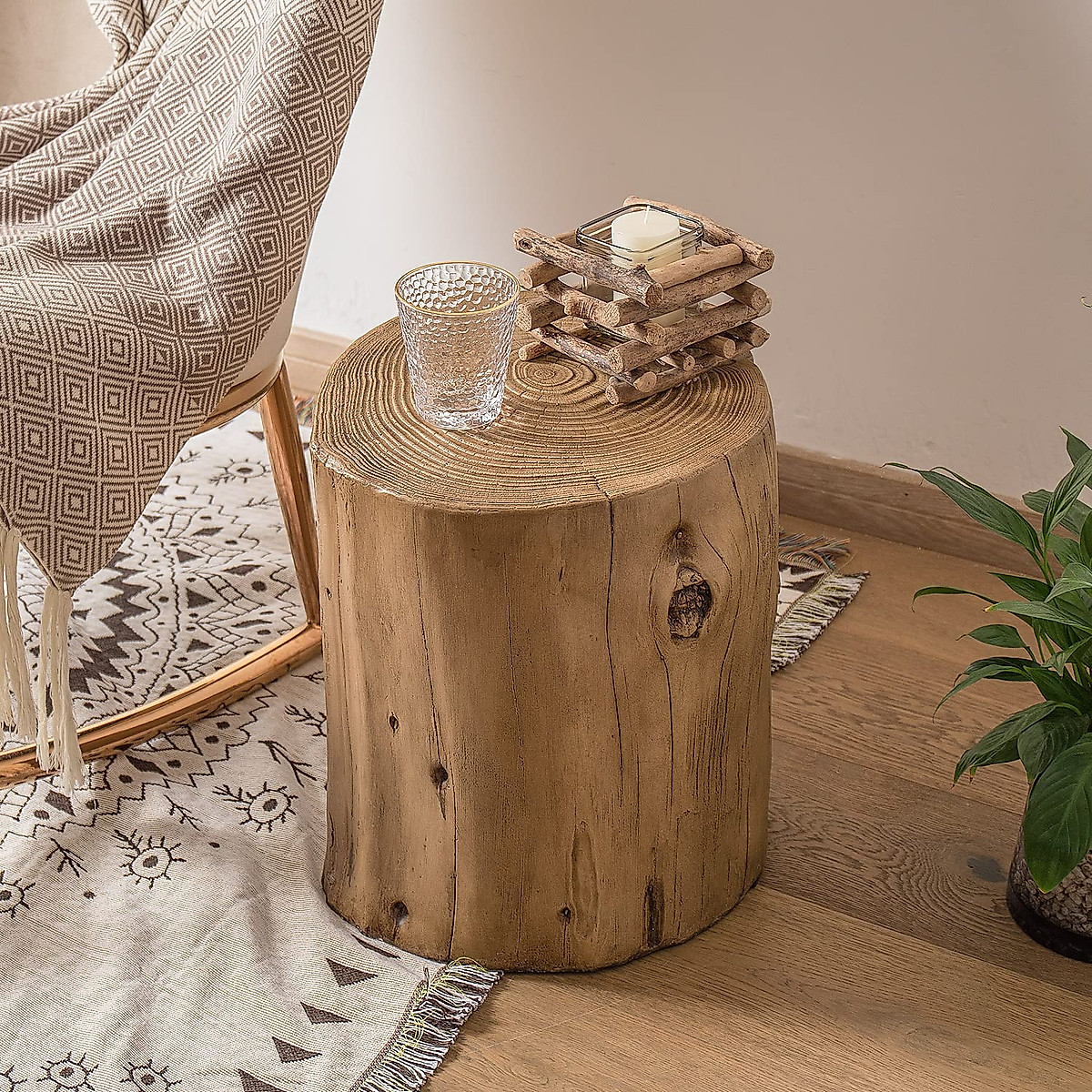 COSIEST Outdoor End Table Set of 2 Light Oak Colored Faux Wood, Hand-Painted Wood Stump Stool, Ottoman or Plant Stand, Deck or Garden