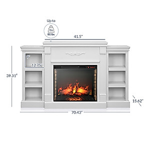 Della Electric Faux Fireplace TV Stand Mantel Heater, Entertainment Center with Built-In Bookshelves and Cabinets, Remote Control and Enhanced Log Display - White