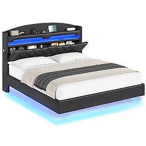ADORNEVE Floating Bed Frame Queen with Hidden Storage Headboard, Floating LED Bed Frame with Charging Station, Upholstered Leather Platform Bed with Storage, No Box Spring Needed, Black