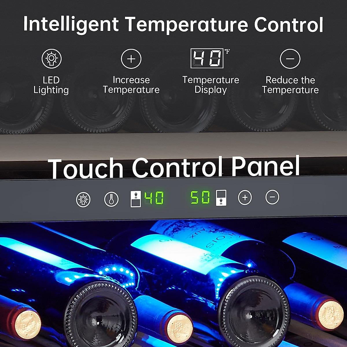 52 Bottles Wine Cooler Under Counter, 24 Inch Dual Zone Wine Fridge with 40～64°F Independent Temperature Control, Safety Lock, All Wood Removable Shelves, Stainless Steel+Glass Door, Dual Zone