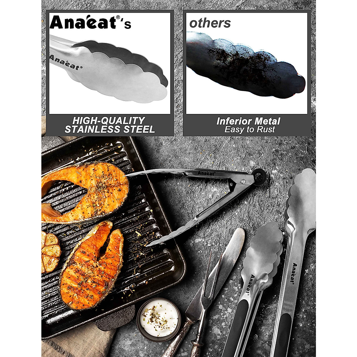 Anaeat Premium Kitchen Locking Tong Set of 3 - Heavy Duty Stainless Steel Food Tongs with Long Handle & Non-Slip Silicone Grip for Cooking, Baking, Grilling - Heat Resistant up to 480°F