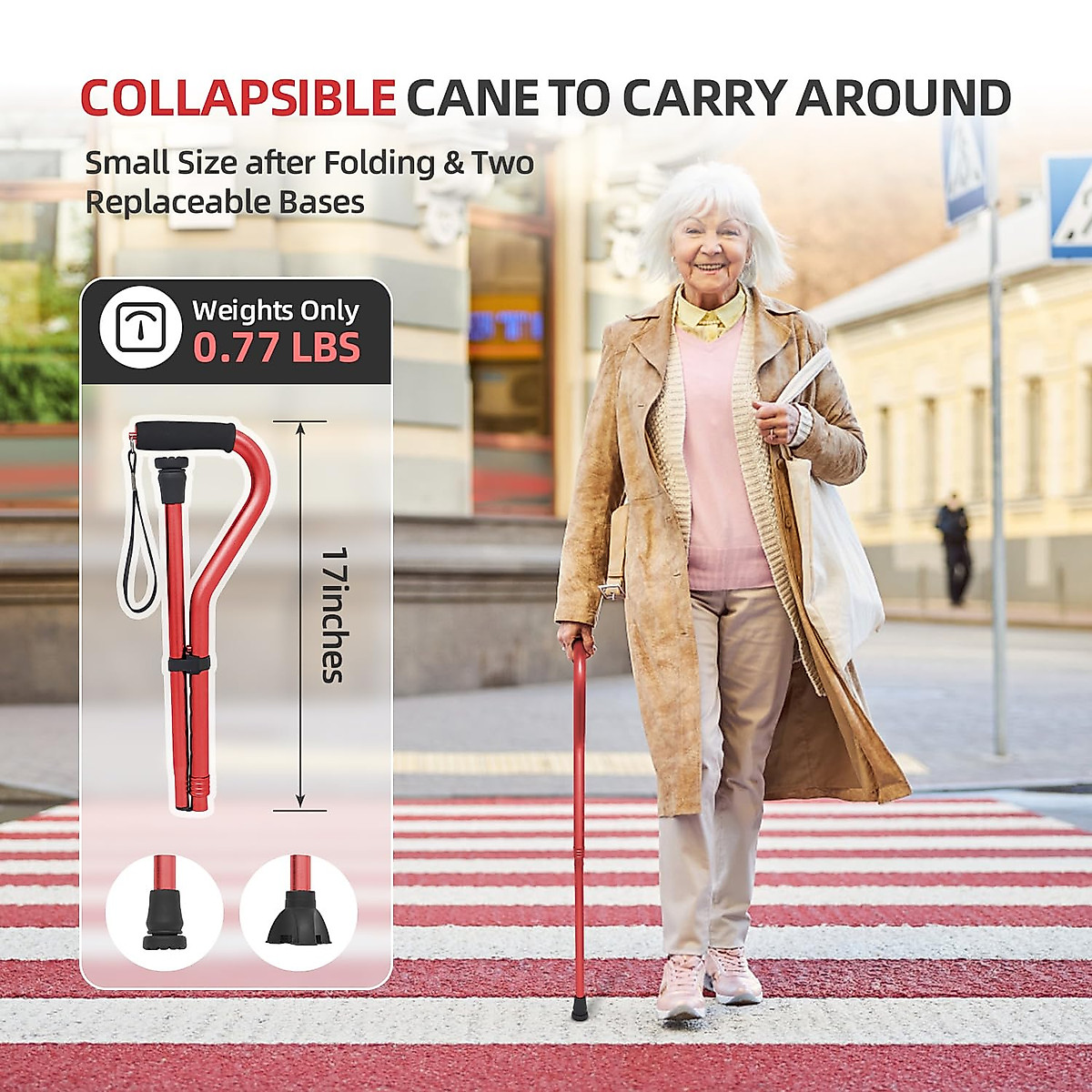 BeneCane Walking Cane for Men & Women Adjustable Cane with Offset Soft Cushioned Handle -Portable Lightweight Sturdy Mobility Walker Aid for Elderly, Seniors Collapsible Cane Red